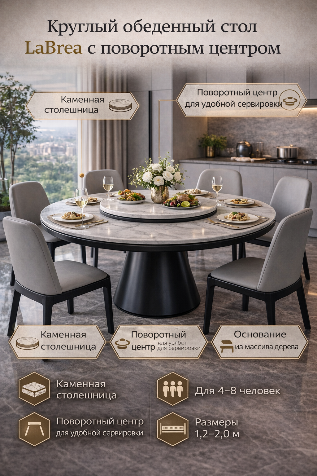 Круглый стол "AksessGrad", деревянный, поворотный, с поворотной вставкой, 130х150х80 см коричневый черный