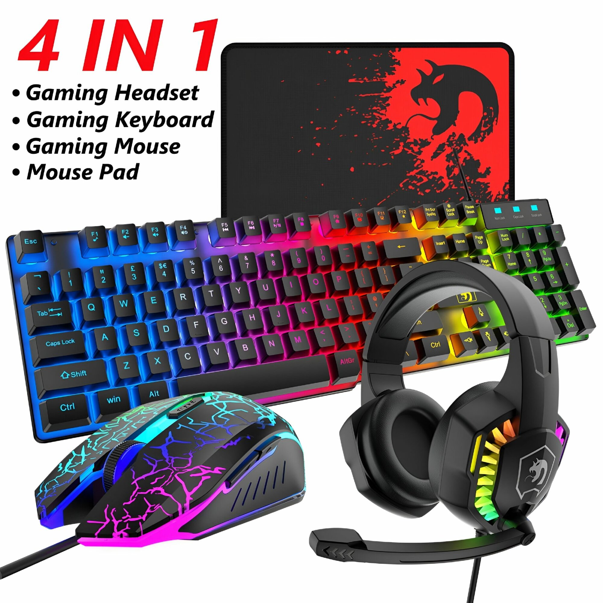 GJX Комплект: игровая клавиатура, мышь и наушники с RGB подсветкой, проводное подключение для ПК.