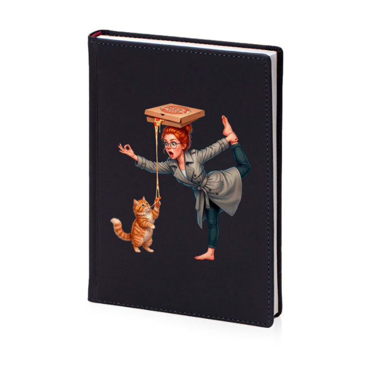 Ежедневник «Смешная девушка йога с пиццей и рыжим котом» (темно-синий)