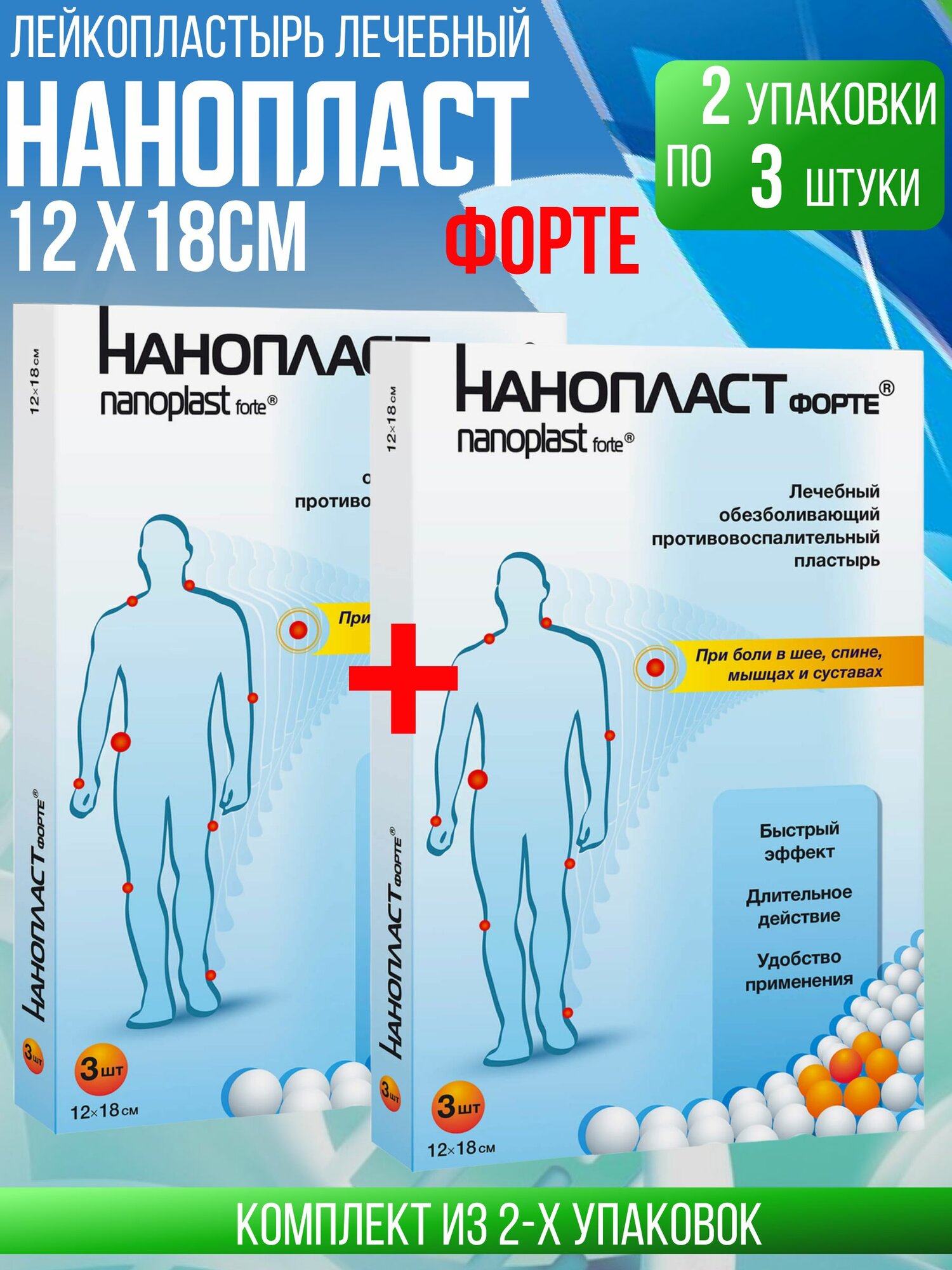 Нанопласт форте лейкопластырь медицинский, 2 упаковки 12x18см по 3 шт, комплект из 2х упаковок