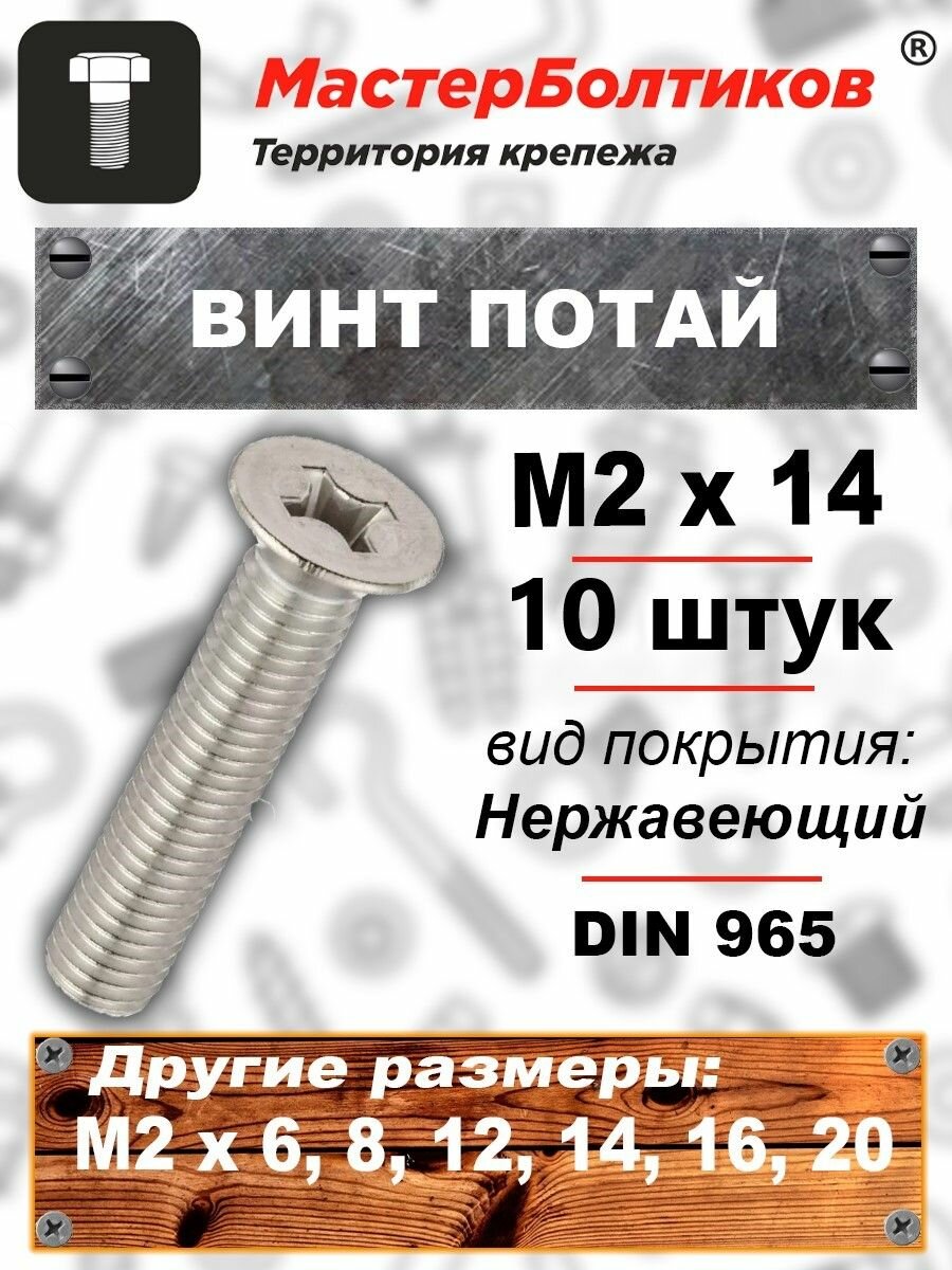 Винт потай M2х14 нержавеющий А2 DIN 965 "МастерБолтиков" ( 10 шт )