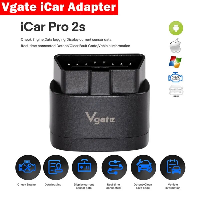 Диагностический адаптер Vgate iCar Pro 2S Bluetooth OBD-II работает на iOS/Android/Windows для автомобилей OBD2/EOBD