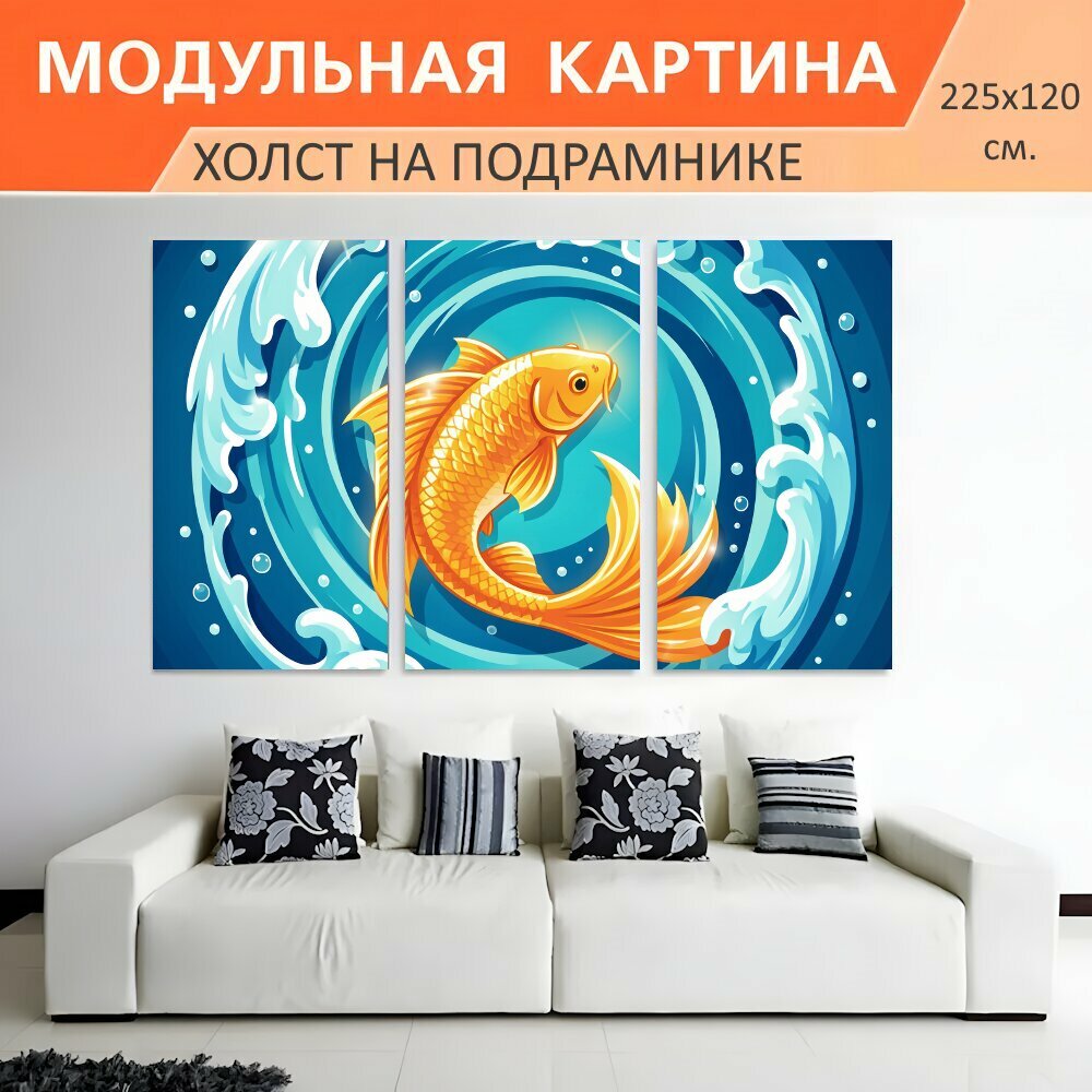 Модульная картина на холсте "Золотая рыба в морской волне. Яркая декоративная иллюстрация с золотистым карпом в бирюзовом водовороте." триптих на подрамнике 225х120 см. для интерьера
