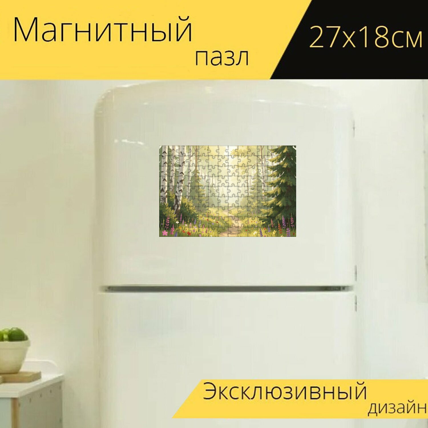 Магнитный пазл "Солнечная лесная тропа с цветами. Утренний сосново-берёзовый лес в мягком живописном стиле, залитый золотистым светом. Цветущие луга." на холодильник 27 x 18 см.