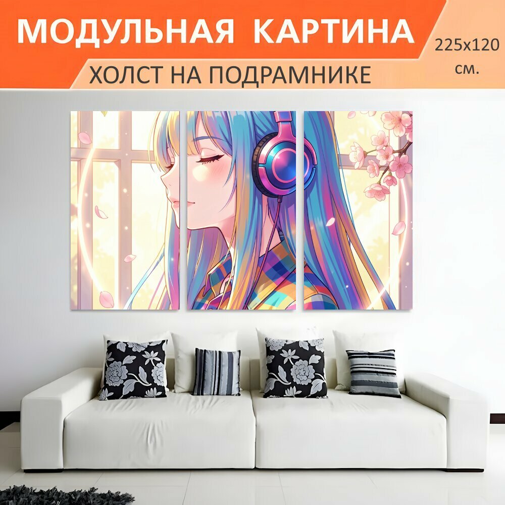 Модульная картина на холсте "Яркое и красочное цифровое арт-изображение девушки в профиль с закрытыми глазами, с длинными волосами в." триптих на подрамнике 225х120 см. для интерьера