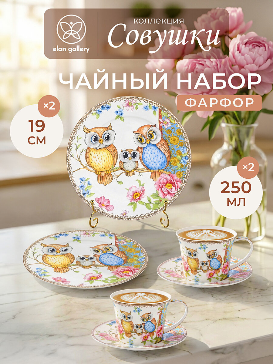 Набор 6 предметов - 2 чайные пары 250 мл и 2 тарелки для десертов Elan Gallery Совушки