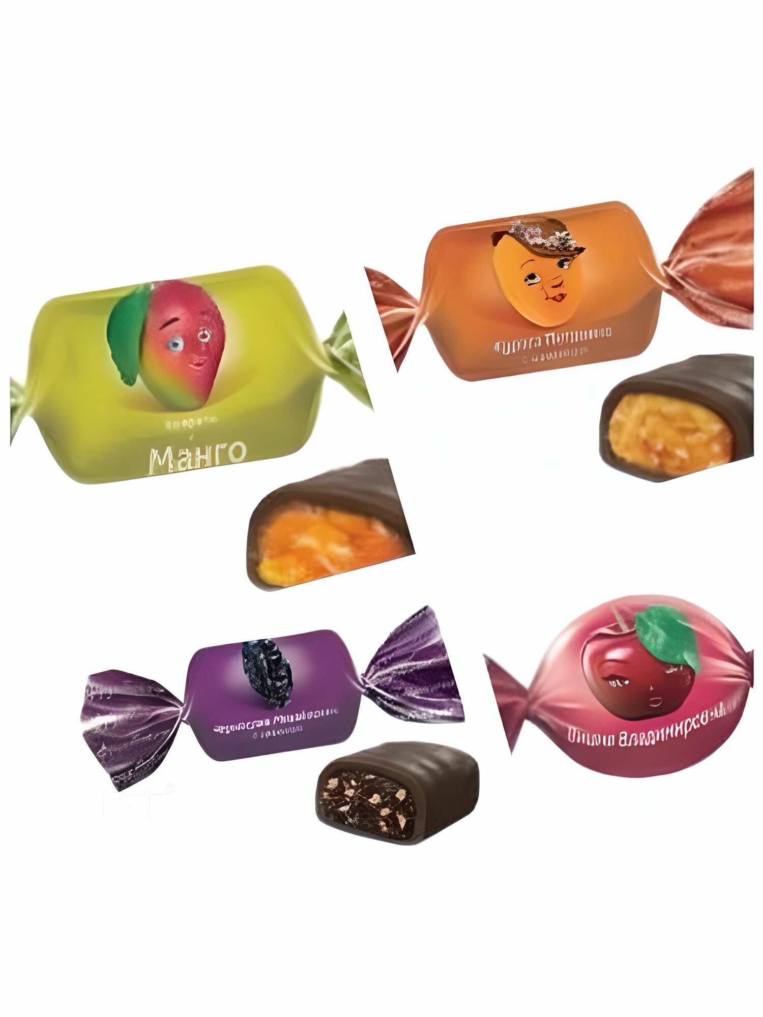 Ассорти Фруктовичи : чернослив с арахисом, курага с арахисом, манго и вишня в темном шоколаде. 500 гр. гр