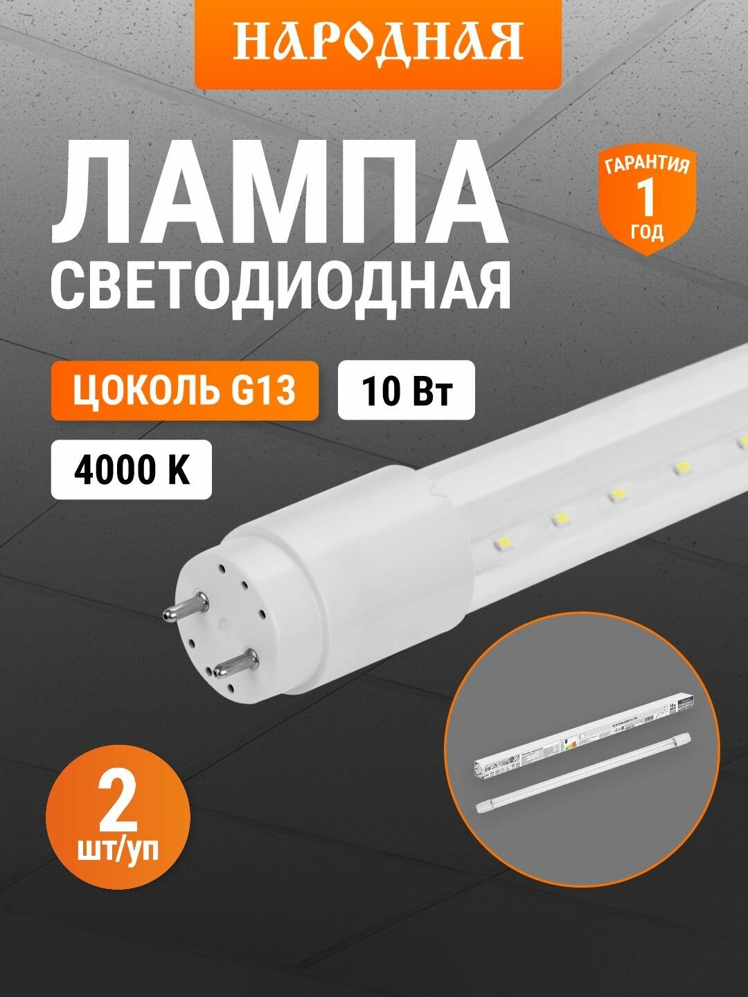 Лампа светодиодная НЛ-Т8-10 Вт-230 В-4000 К G13, 600 мм, прозрачная, стекло, серия "Народная" в упаковке 2 штуки TDM Electric
