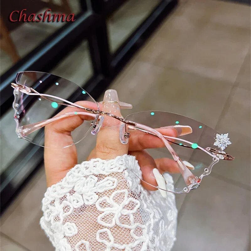 Chashma очки Цветные линзы Кошачий глаз Титановая оправа Женские стразы Бабочка Оптические легкие очки без оправы Женские