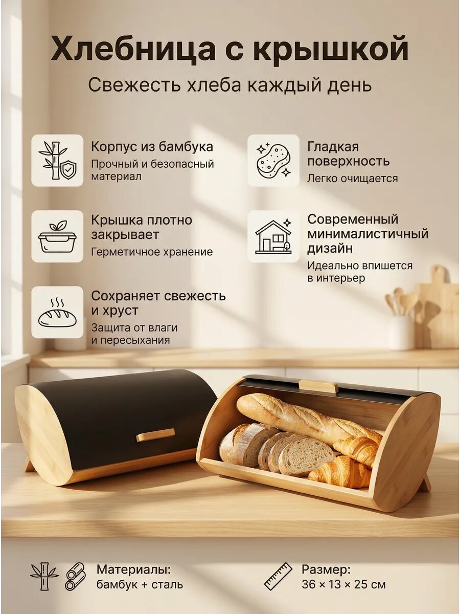 Хлебница с крышкой деревянная на стол Bamboo-02
