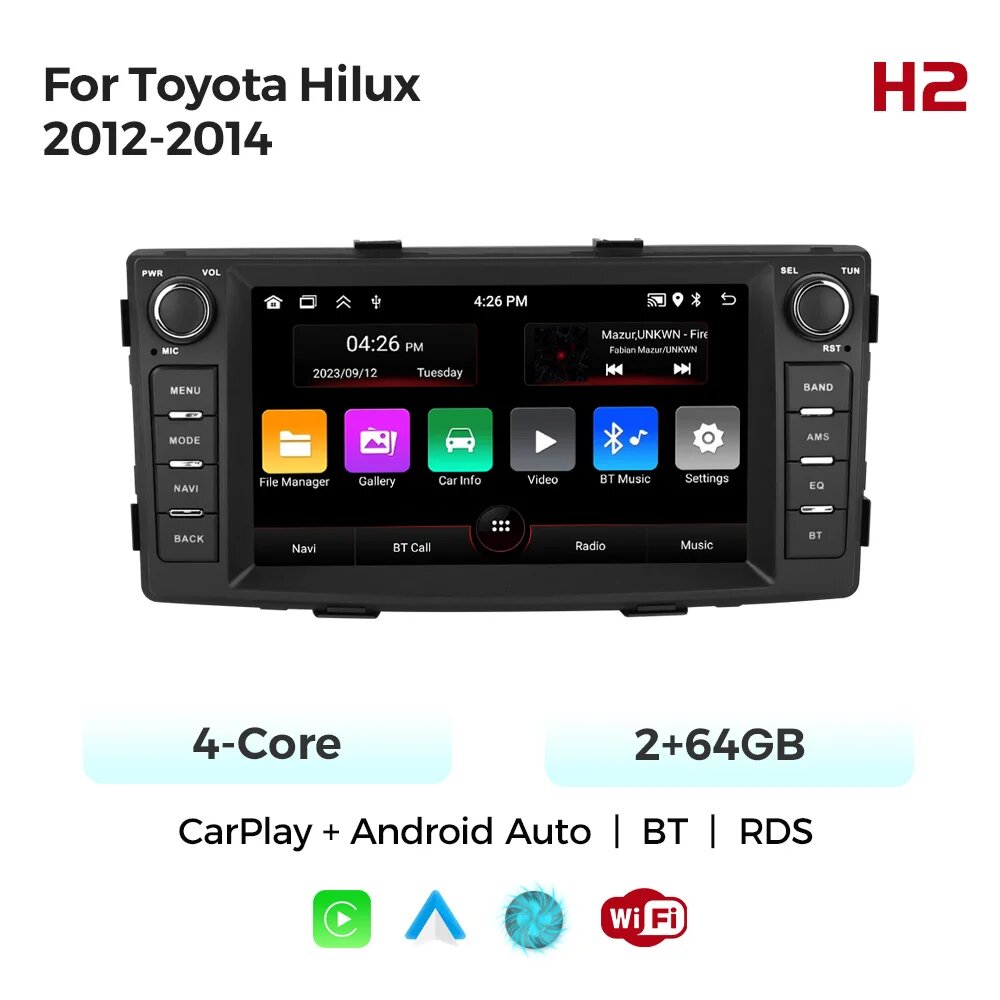 Мультимедиа для Toyota Hilux 2012-2014, 2+64GB, CarPlay, Android Auto, RDS, BT
