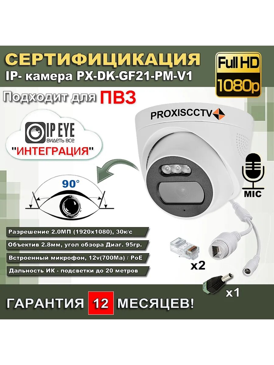 IP видеокамера PX-DKGF21PMV1 с разъемами для ПВЗ на ipeye
