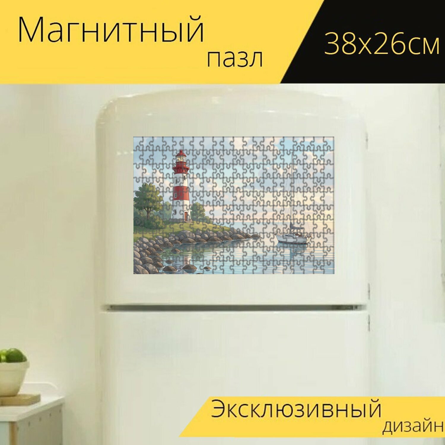 Магнитный пазл "Маяк у спокойного моря. Прибрежный пейзаж с красно-белой башней, парусной яхтой и каменистым берегом. Нежная пастельная палитра, голубое." для интерьера, 38х26 см.