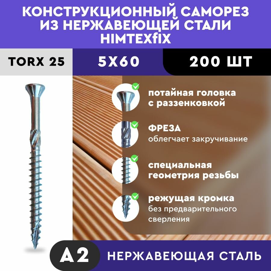 Саморез конструкционный нерж. А2 HIMTEX универсальный 5*60
