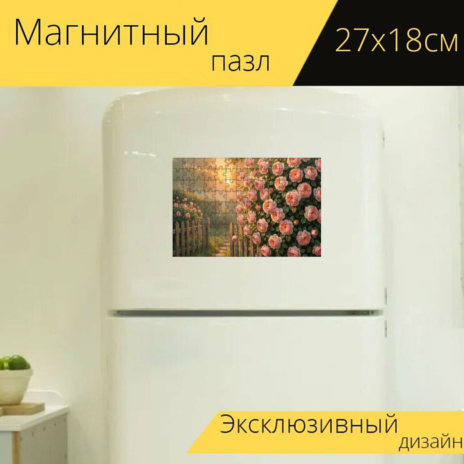 Магнитный пазл "Розы у садовой дорожки на закате. Нежный садовый пейзаж в пастельных розово-персиковых тонах: цветущий куст, деревянная изгородь." на холодильник 27 x 18 см.