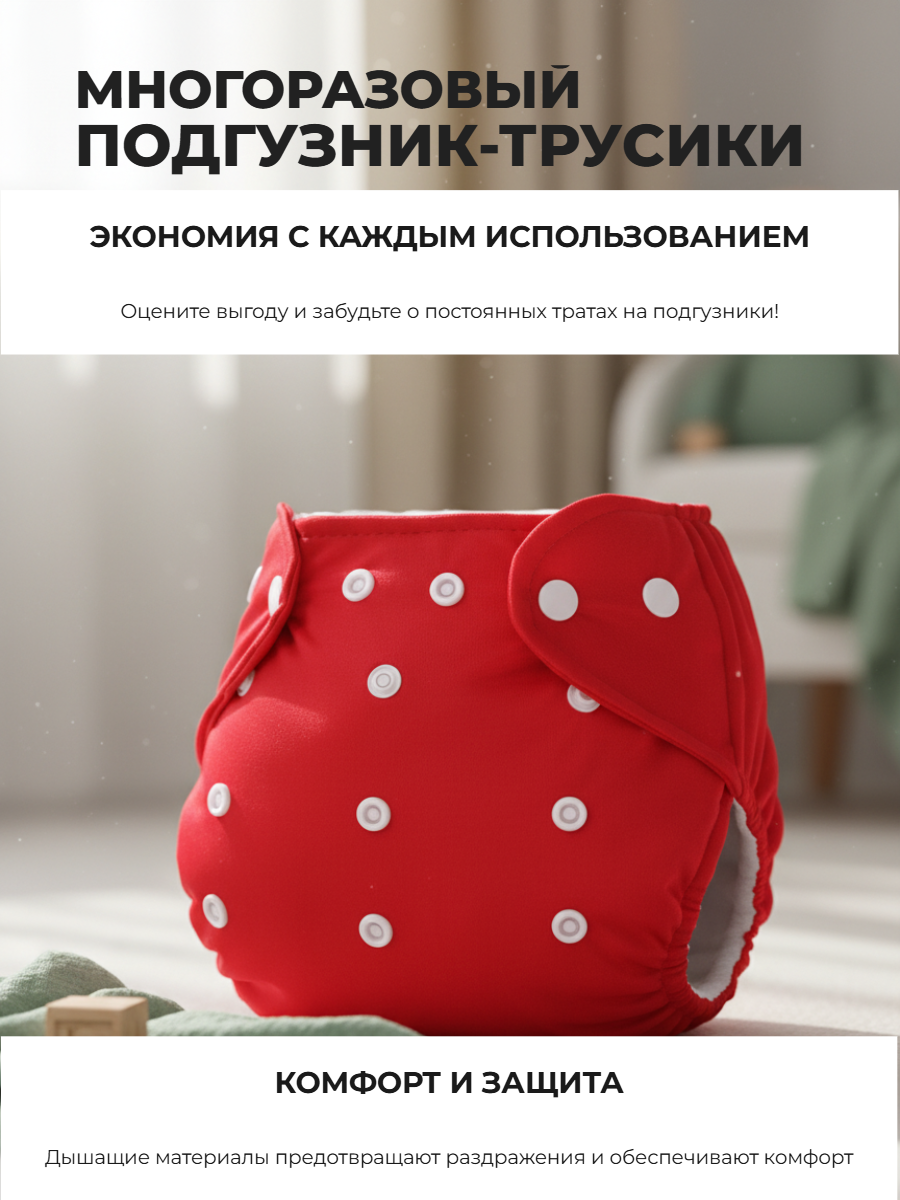 Подгузник - трусики для приучения к горшку многоразовый. "Эко-подгузник", размер 0-14кг, красный