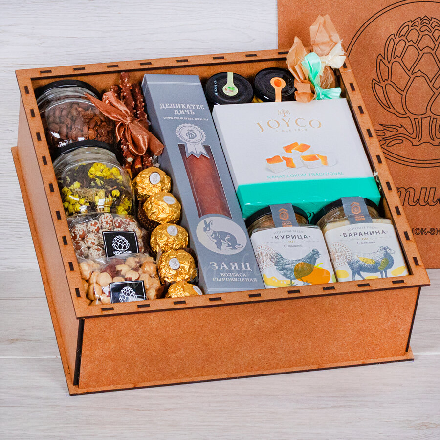 Подарочный набор в деревянном боксе ART-Box с чаем, кофе, рахат-луком и крем-мёдом №2257