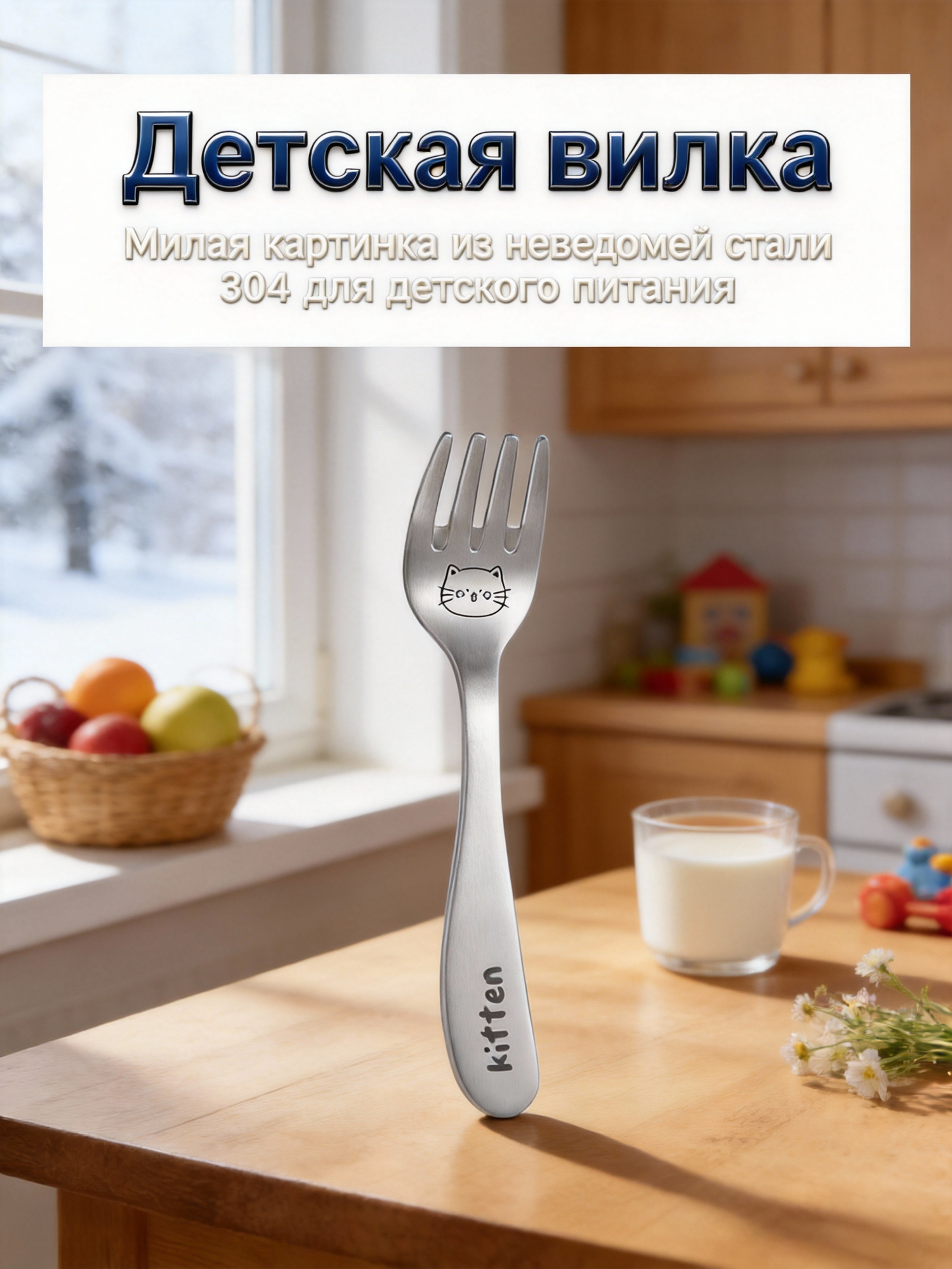 Детская вилка из нержавеющей стали 304, цельная штамповка и утолщенная матовая ручка с мультяшным дизайном для безопасного самостоятельного питания