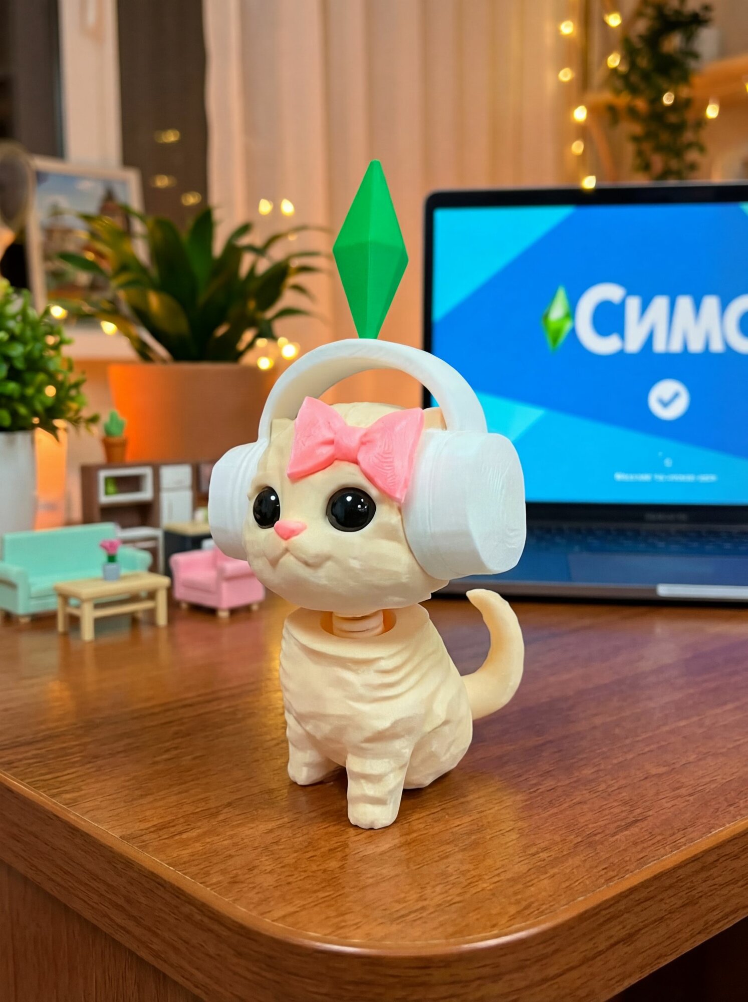 Кот из Симс Sims в наушниках с бантиком. Мем, брелок, статуэтка, тик ток