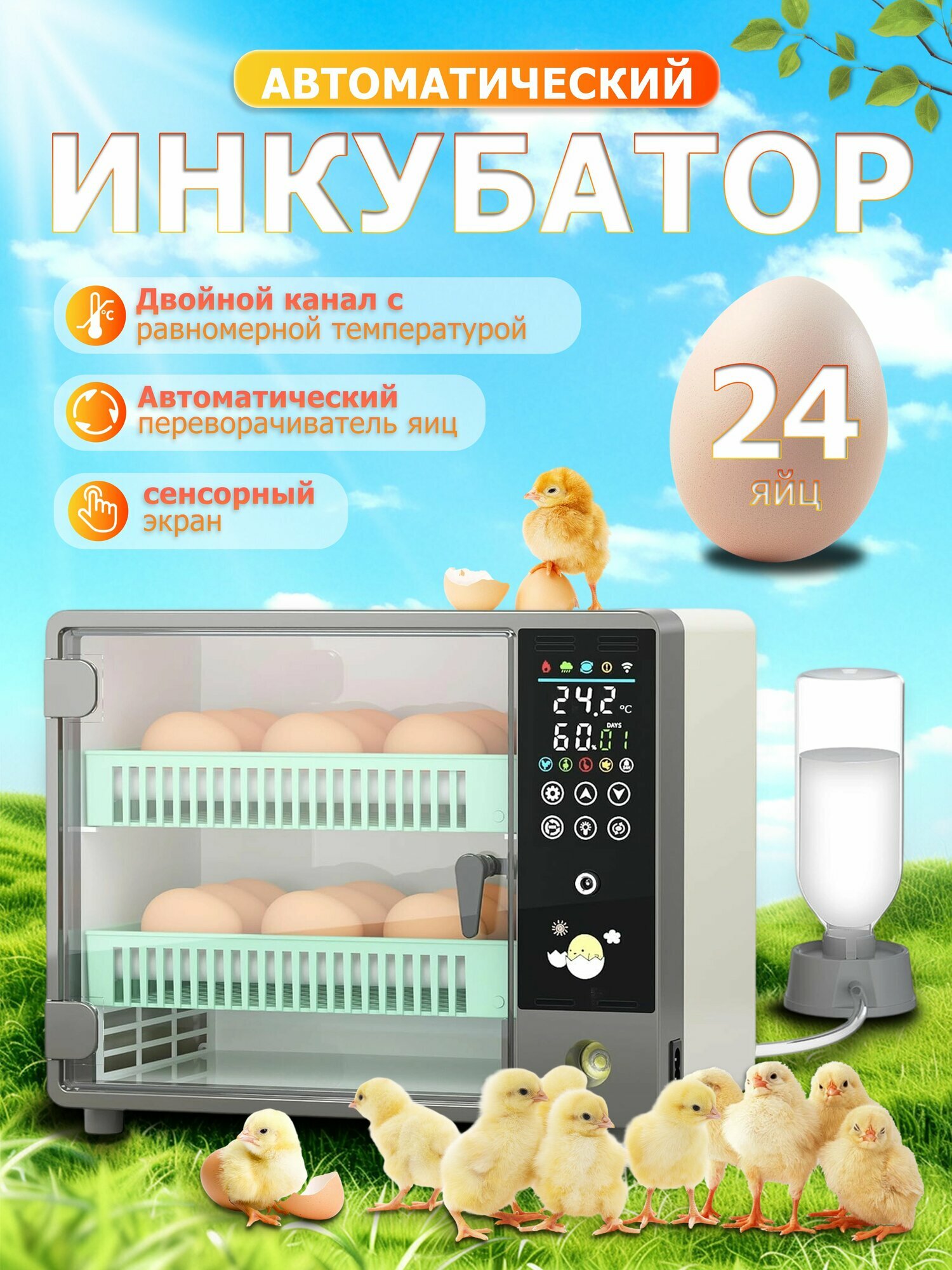 Инкубатор для яиц автоматический 220/12vПодходит для 24 куриных яиц, 12 гусиных яиц, 40 голубиных яиц, 96 птичьих яиц, ультразвуковой увлажнитель, инкубатор блиц
