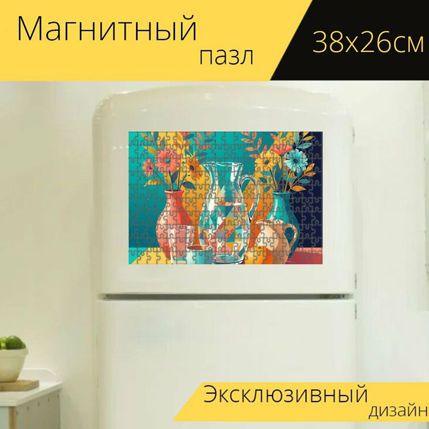 Магнитный пазл "Яркий натюрморт с цветами. Современная геометрическая композиция с букетами в вазах, прозрачным кувшином, чашкой, стаканом, керамическим." для интерьера, 38х26 см.