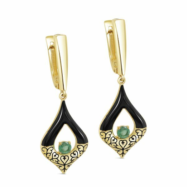 Серьги, серебро, 925 проба, золочение, изумруд, эмаль