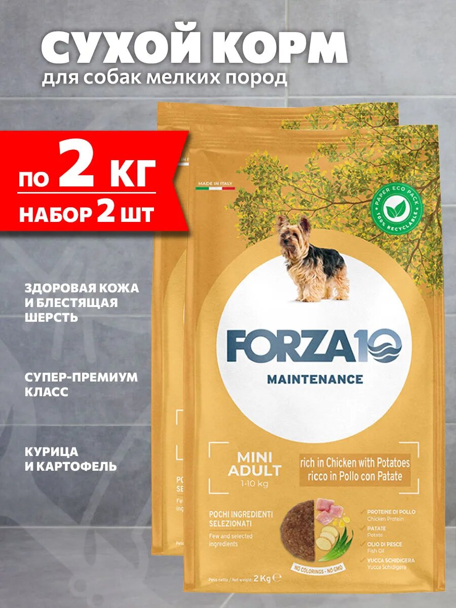 Корм сухой Forza10 Dog Maintenance Adult Mini для взрослых собак маленьких пород с курицей и картофелем, 2 кг х 2 шт