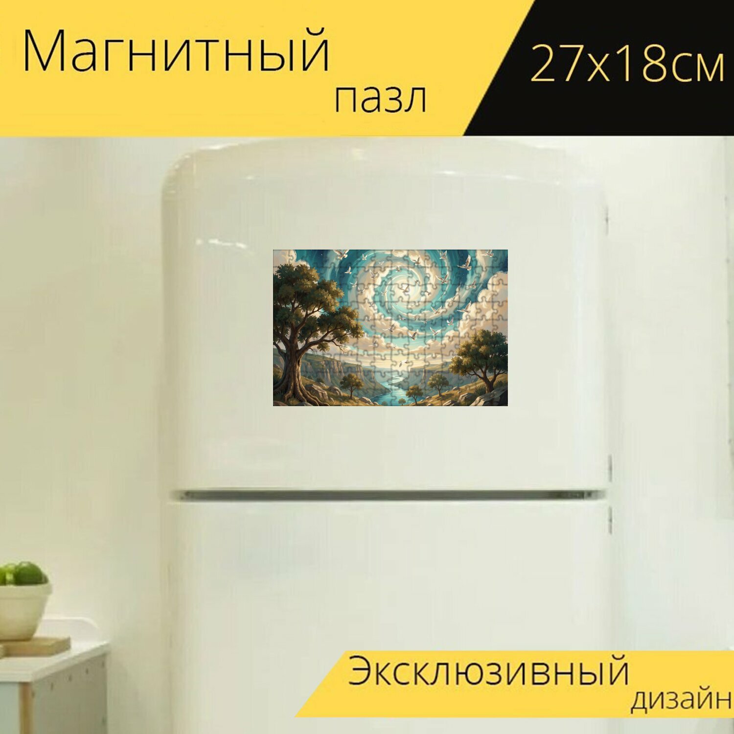 Магнитный пазл "Небесный вихрь с белыми птицами. Фантазийный пейзаж: бирюзовое спиральное небо, светящиеся облака, стая голубей над каньоном, река в." на холодильник 27 x 18 см.