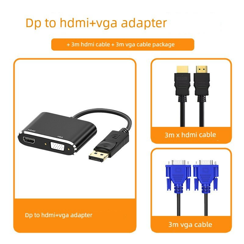 Конвертер DP в HDMI/VGA для подключения ноутбука к монитору или проектору, видеоадаптер. Адаптер DP на (HDMI+VGA) + 3m