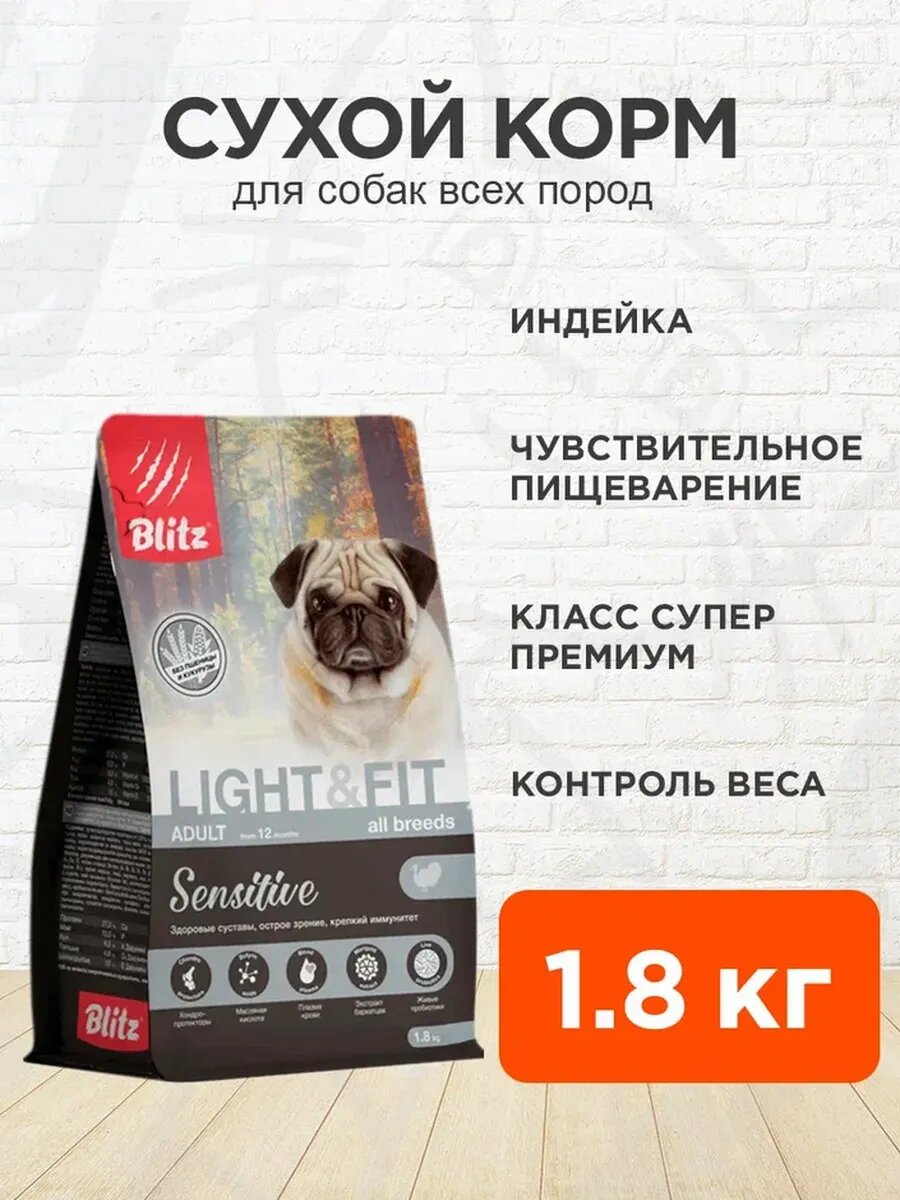 Сухой корм Blitz Sensitive Adult All Breeds Light & Fit диетический для взрослых собак всех пород индейка, 1,8 кг