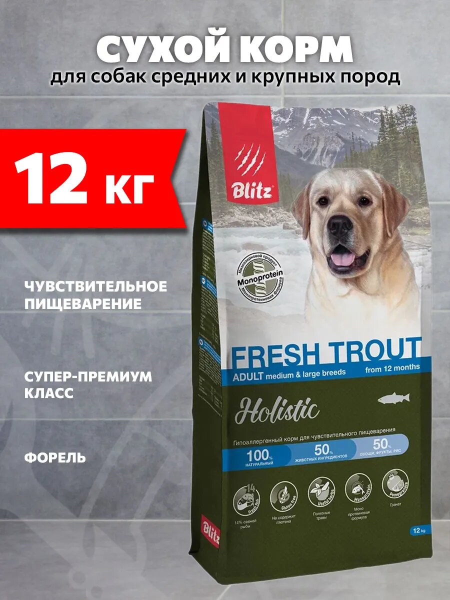 Корм сухой Blitz Holistic Fresh Trout монопротеиновый для взрослых собак средних и крупных пород с чувствительным пищеварением свежая форель, 12 кг