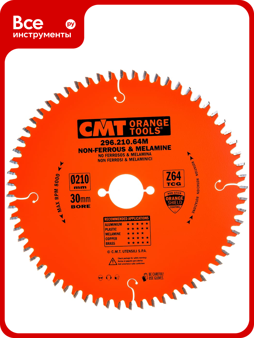 Диск пильный по цветным металлам и пластику (210x30x2,8/2,2 мм; Z64) CMT 296.210.64M