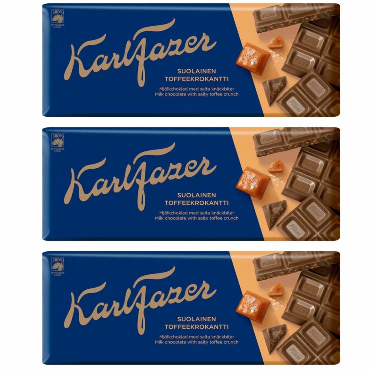 Karl Fazer молочный шоколад с крошкой соленой карамели, 3 плитки по 180 г (Финляндия)