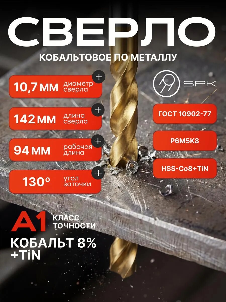 Сверло по металлу SPK, кобальтовое, термостойкое, с Tin, 10,7 мм