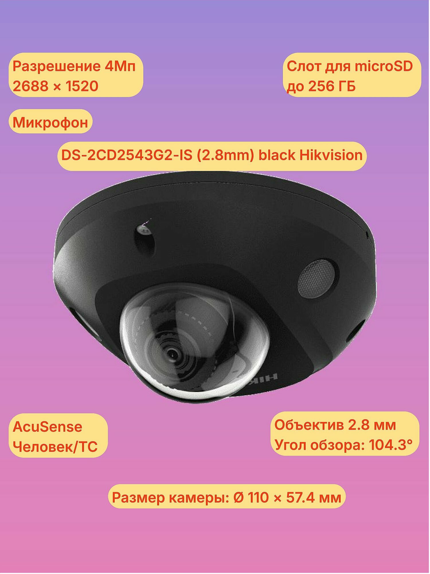 Hikvision DS-2CD2543G2-IS(2.8mm) Black IP-видеокамера 4Мп, микрофон, слот под карту памяти