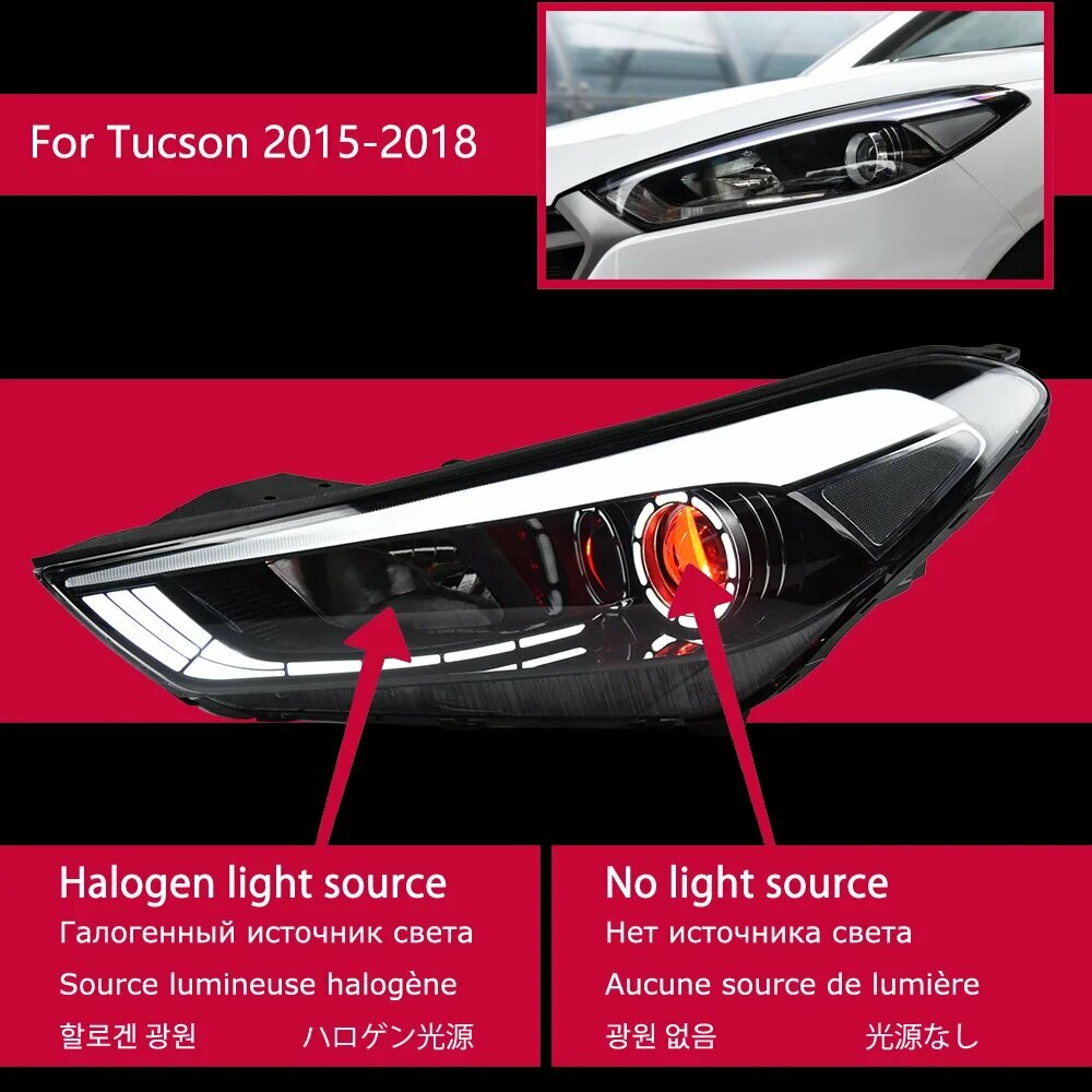 Фара для автомобиля AKD Car Styling для Hyundai Tucson 2015-2018 год выпуска. Новая фара для Tucson с LED, дневными ходовыми огнями (DRL), HID и биксеноновыми лампами. Автомобильные аксессуары.