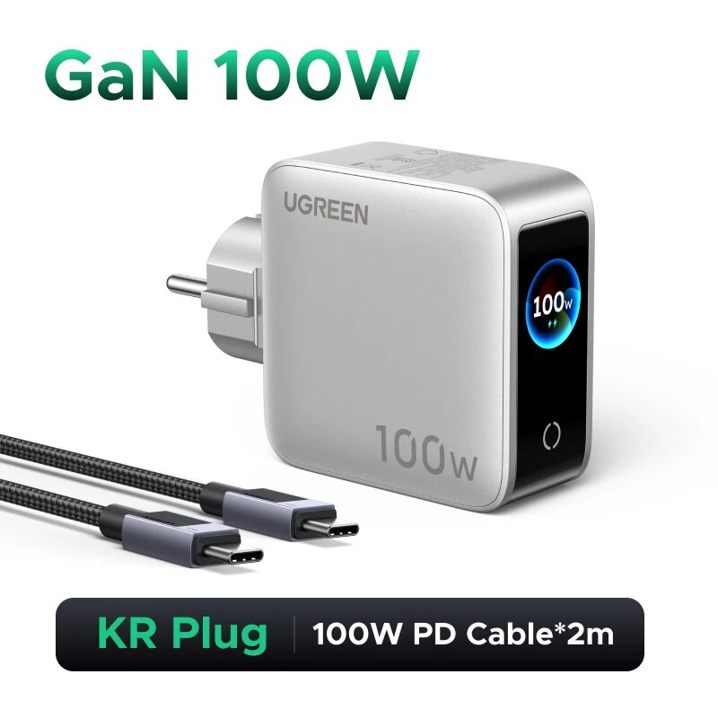 UGREEN 100W GaN зарядное с дисплеем, KR Plug, кабель 2м