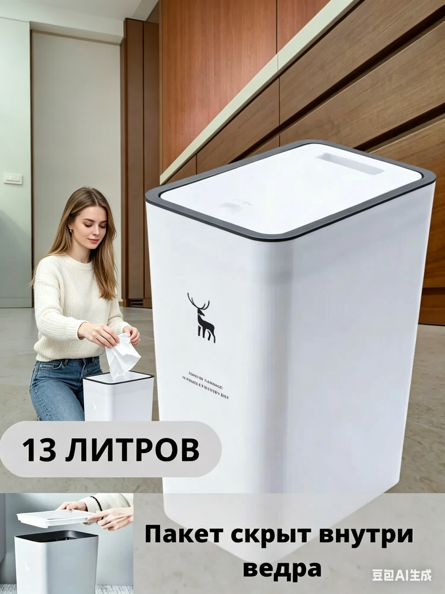 Компактное мусорное ведро белого цвета 13 л, скрытое хранение пакетов, минималистичный декор с оленем для дома