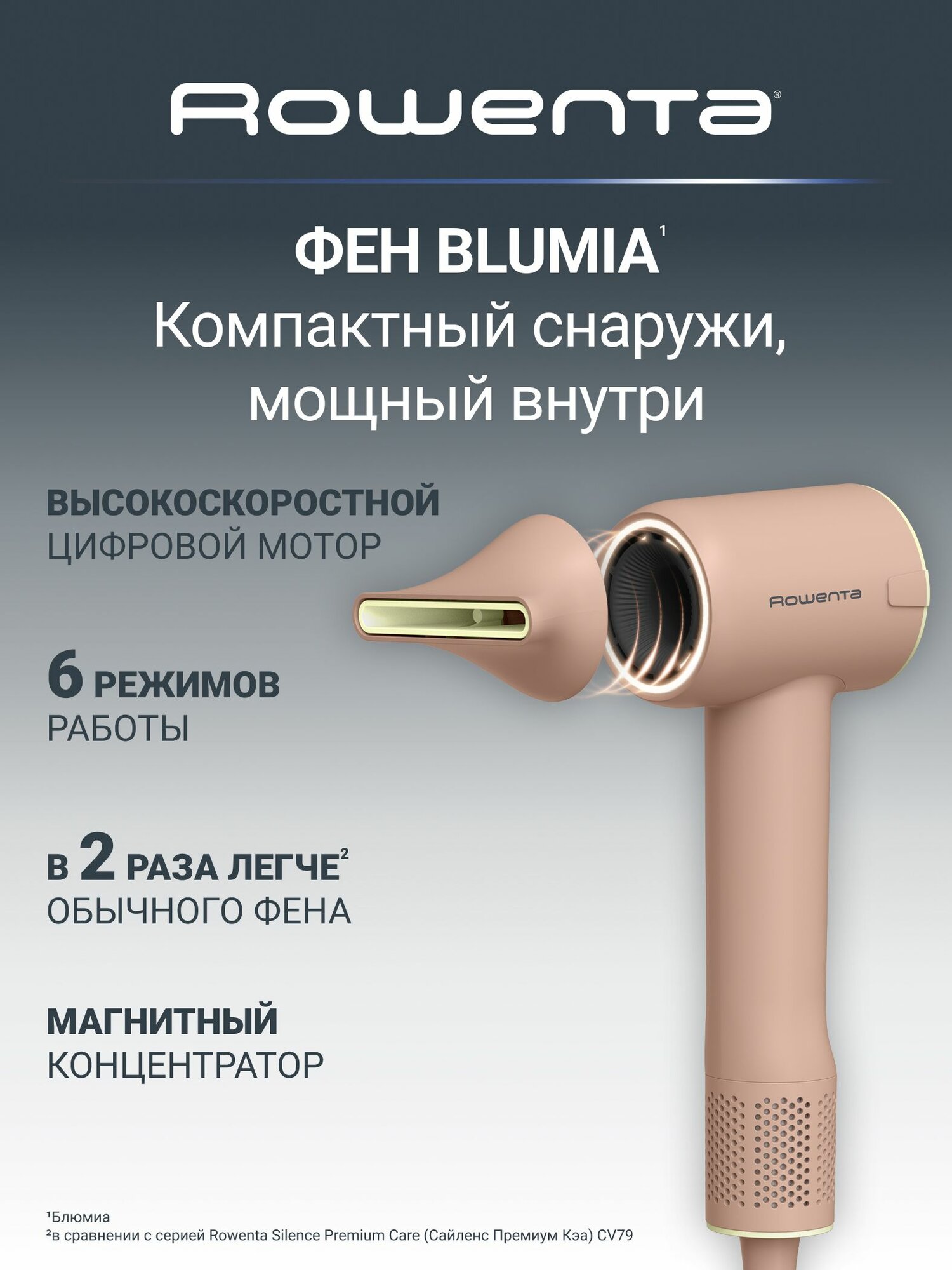 Фен для волос профессиональный мощный Rowenta Blumia HY5N11E0, 1300 Вт, компактный дорожный, магнитная насадка 6 мм, ионизация, BLDC-мотор, розовый