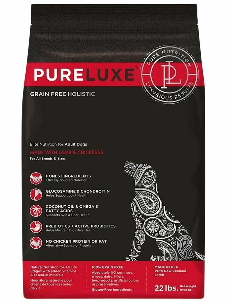Сухой беззерновой корм PureLuxe Пурлюкс для взрослых собак с ягненком и нутом 9,98 кг