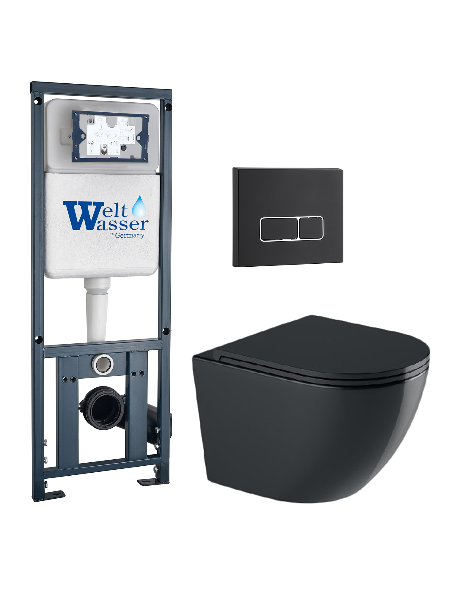 Комплект 3 в 1 Унитаз подвесной WeltWasser MERZBACH 041 XL MT-BL безободковый+Инсталляция MARBERG 410 с кнопкой MAR 410 SE MT-BL черная матовая