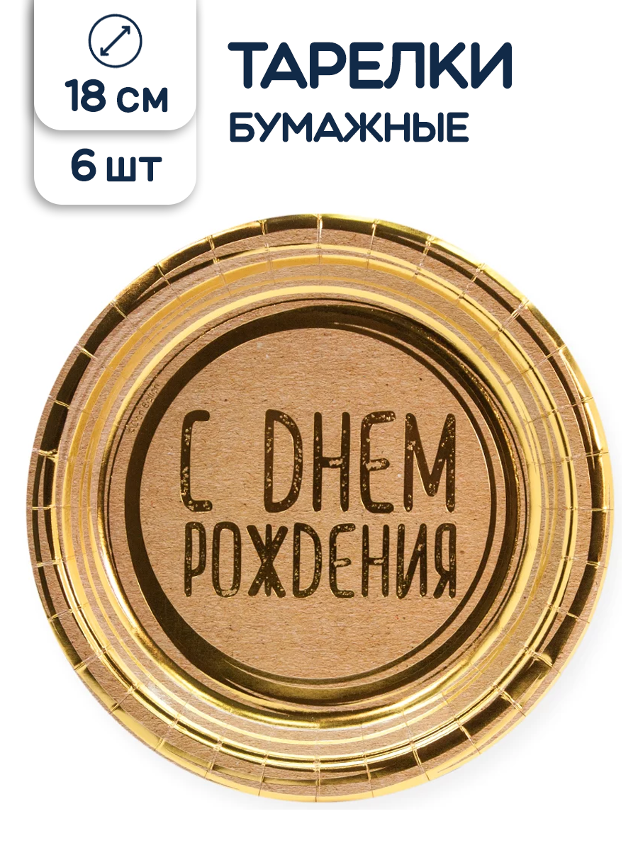 Тарелки одноразовые бумажные Riota С днем рождения, 18 см, 6 шт.