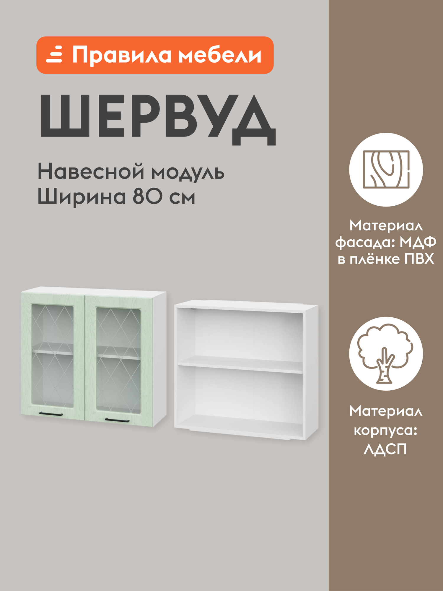 Кухонный модуль навесной, шкаф Шервуд с доводчиками, с полками, 80х29.6х72 см, Белый / Шато мята со стеклом