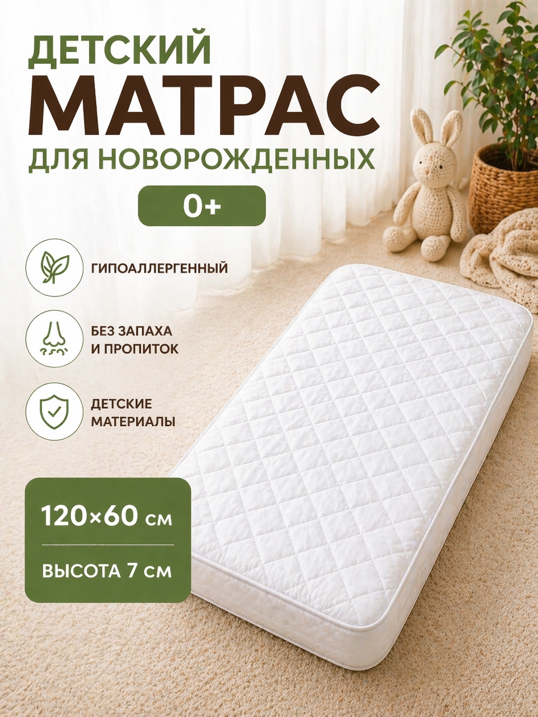 Матрас детский, беспружинный, 120х60 см, ортопедический, гипоаллергенный, съемный чехол