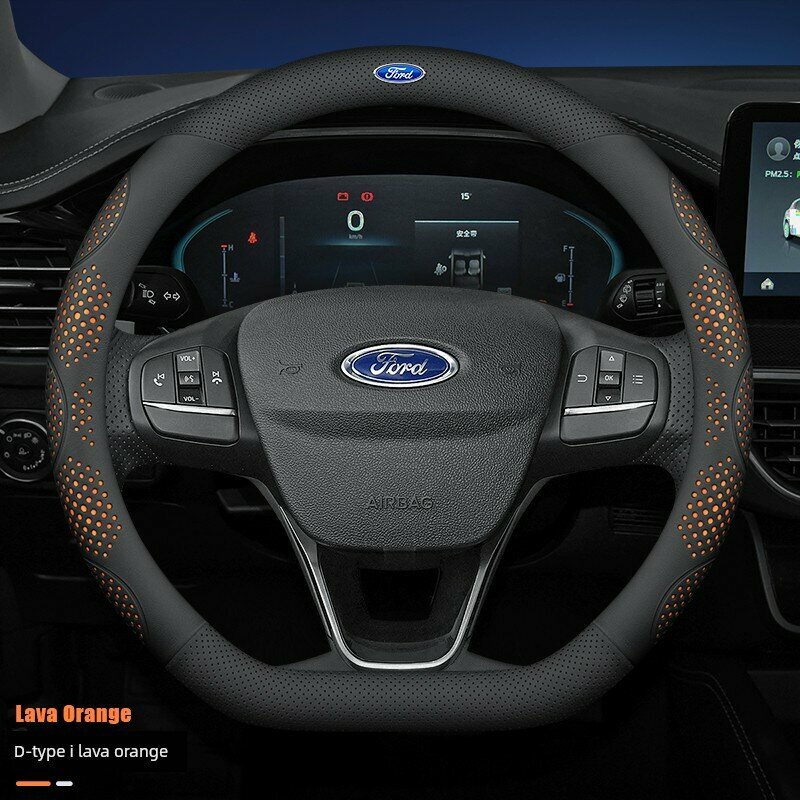 Кожаная перфорированная накладка на руль D-образной формы с логотипом Ford, оранжевый цвет Lava для моделей Ford Focus