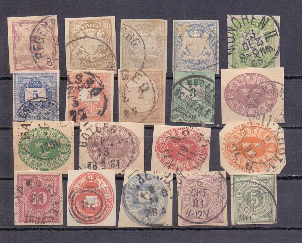 Набор старинных почтовых вырезок Разных стран 1878-1910 года. Гашеные. Редкие, 19 штук.