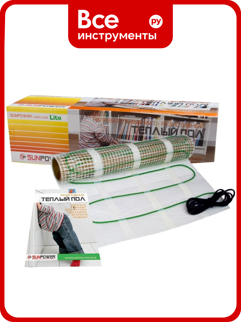 Нагревательный, Sun, мат Sun Power SPCM Lite-4 м2, 600 Вт SPCM Lite /4,0, пластиковую, Кабельные
