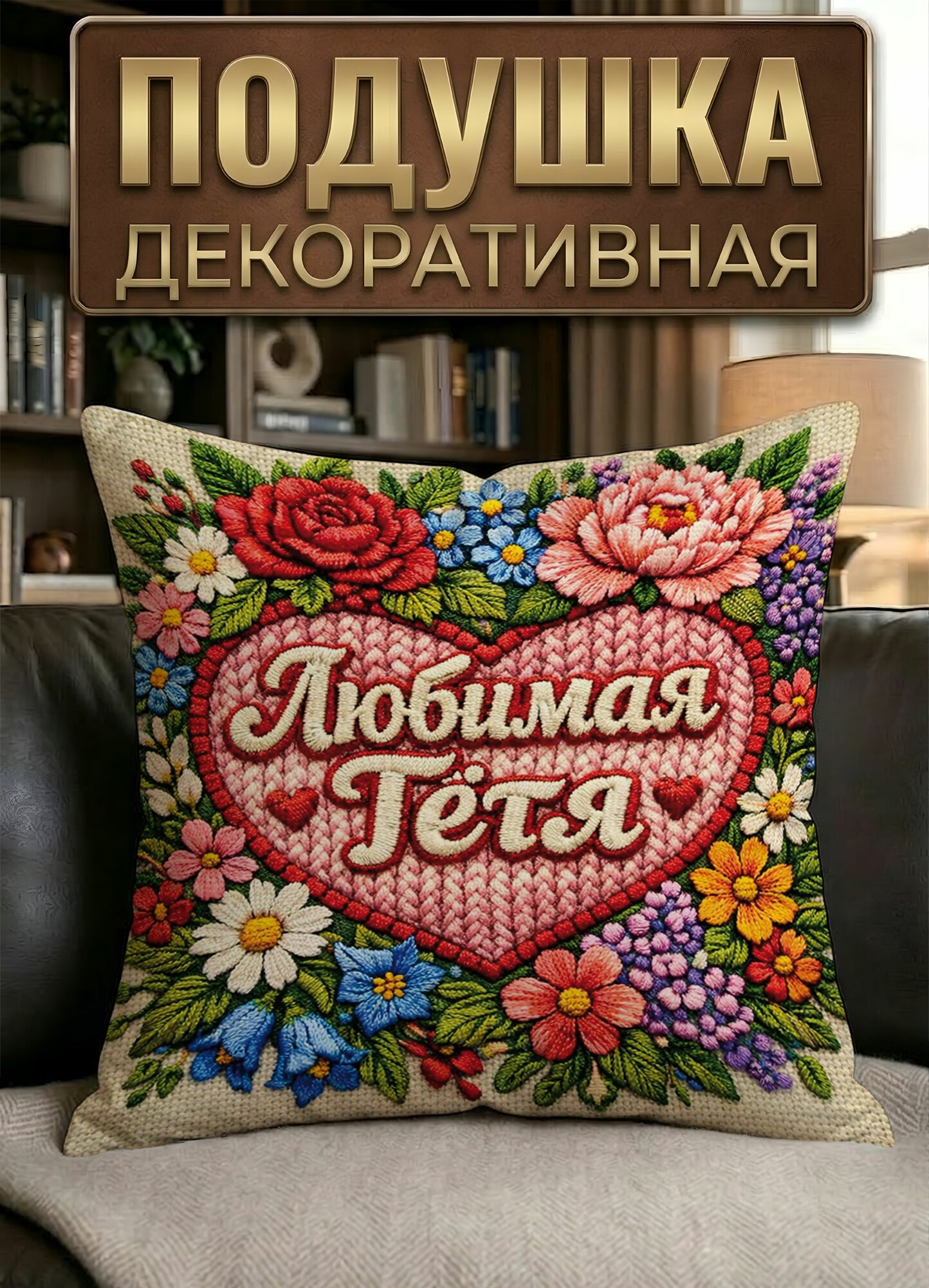 Подушка декоративная Вышивка Любимая Тётя в сердце