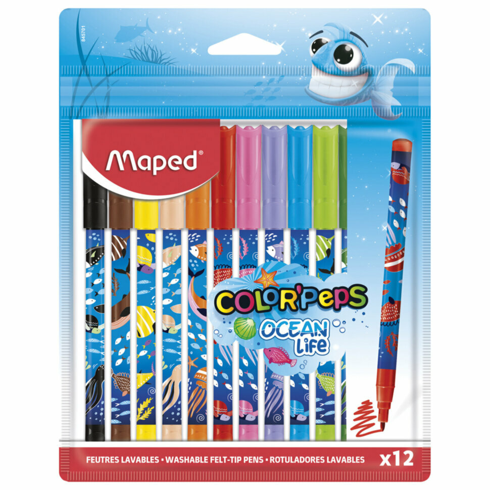 Фломастеры MAPED COLOR'PEPS "Ocean Life", 12 цветов, смываемые, вентилируемый колпачок, 845701, 152559