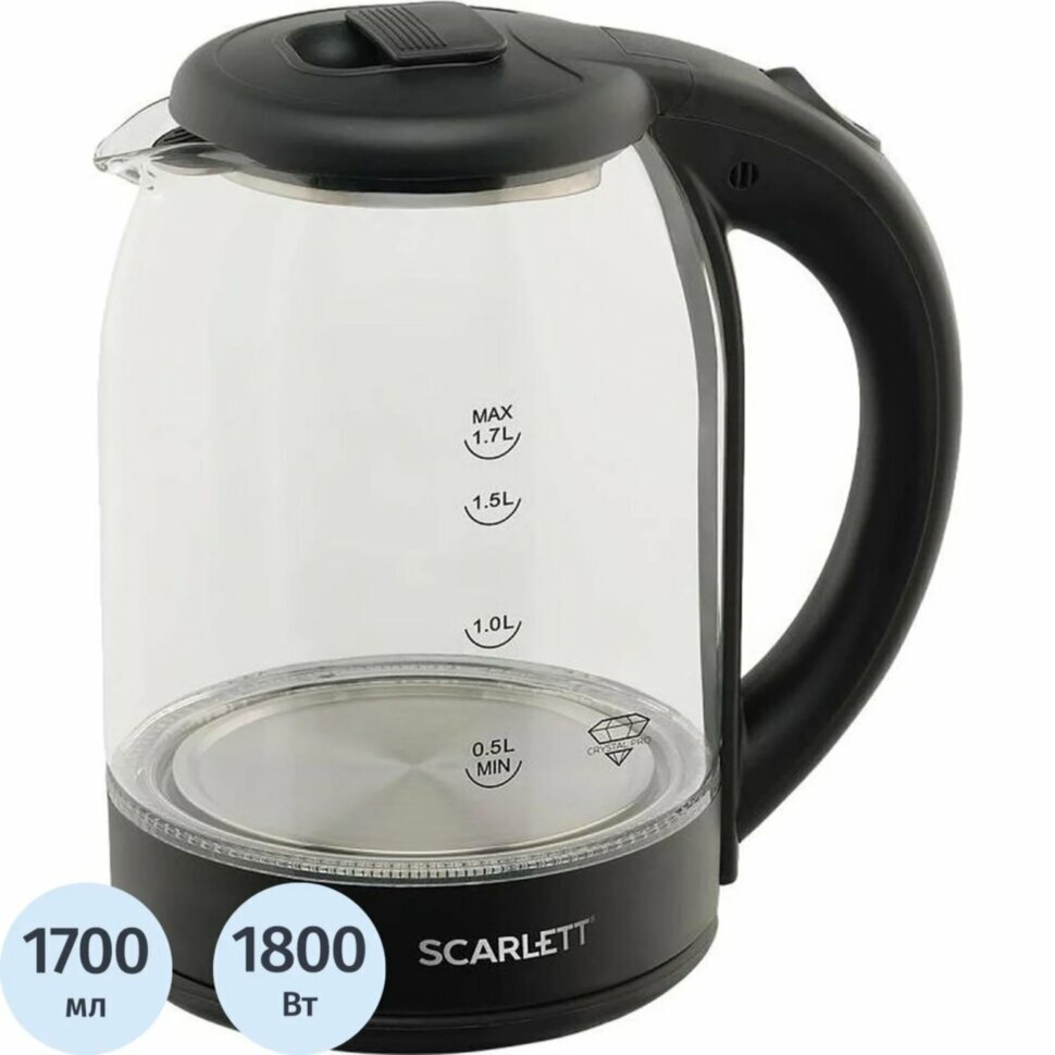 Чайник электрический SCARLETT SC-EK27G90, стекло, 1800Вт, 1.7л, черный, 1494116